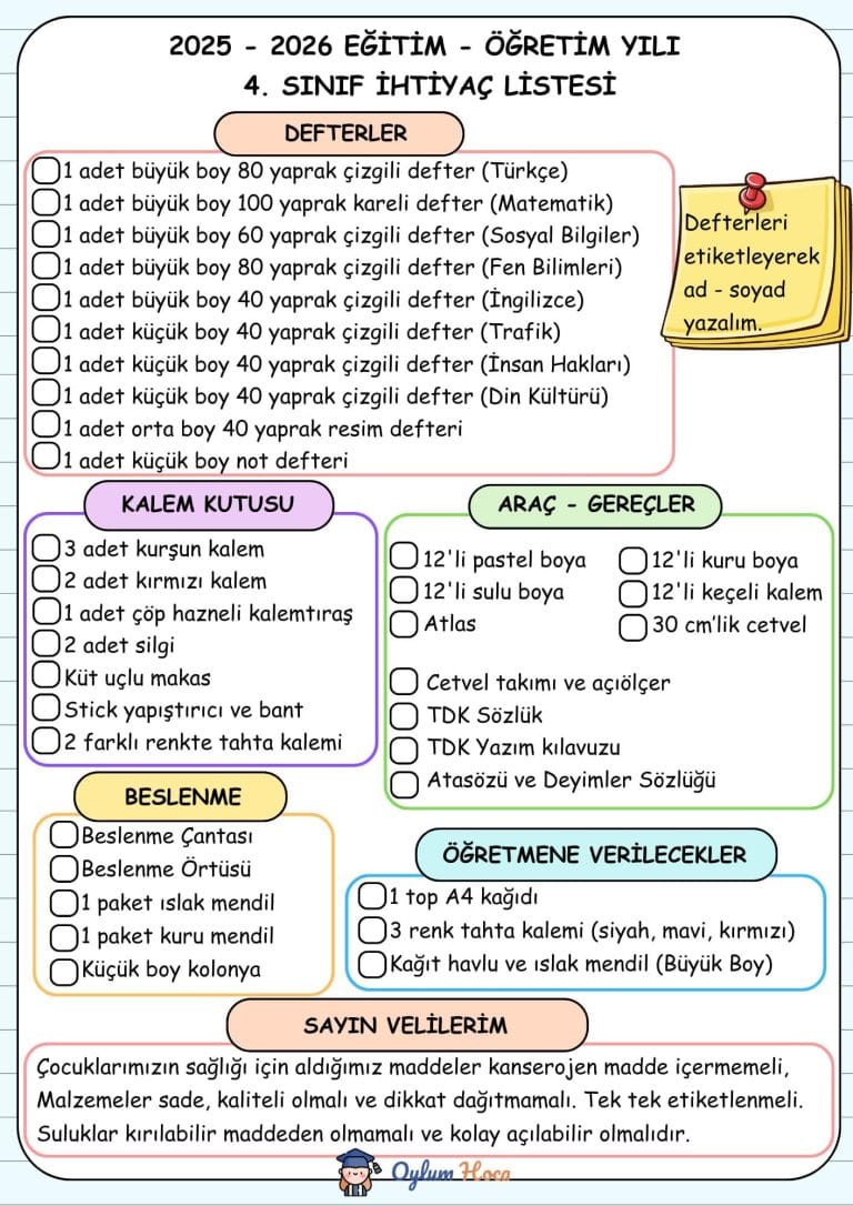 4. Sınıf İhtiyaç Listesi - Oylum Hoca